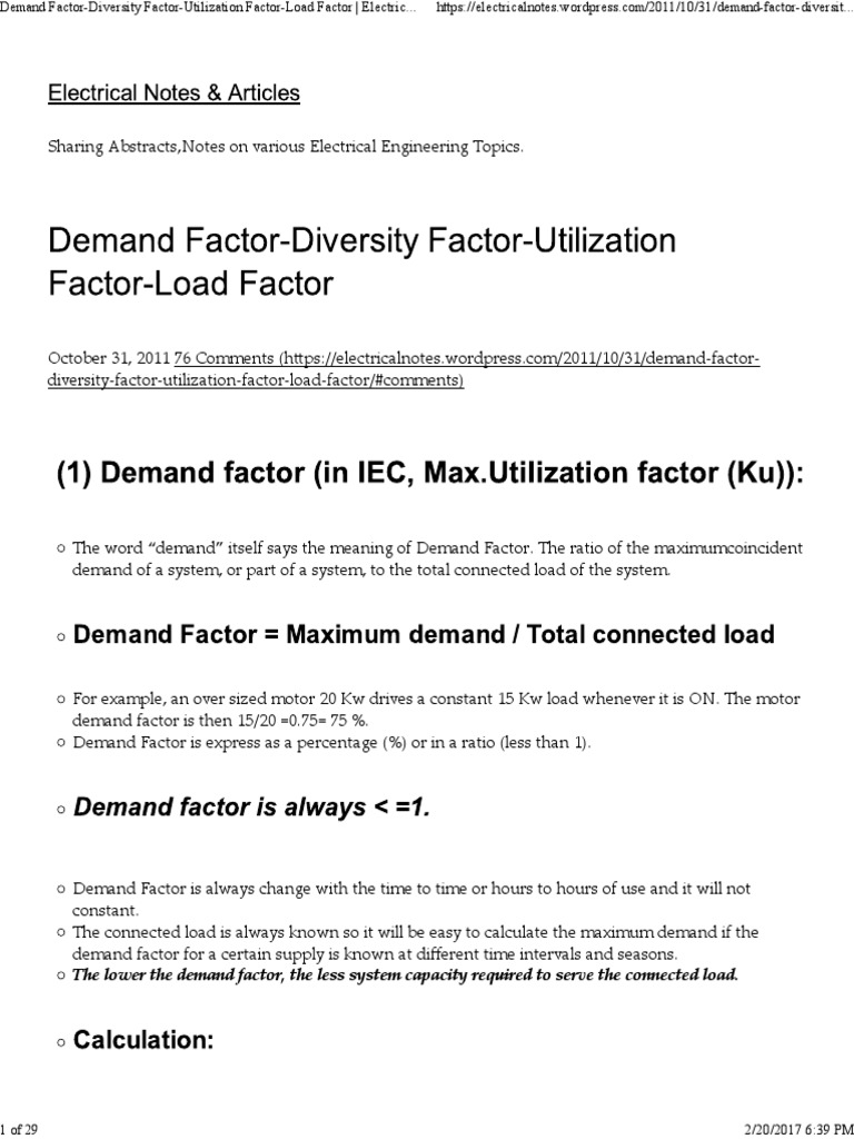 Demand Factor-Diversity Factor-Utilization Factor-Load Factor ...