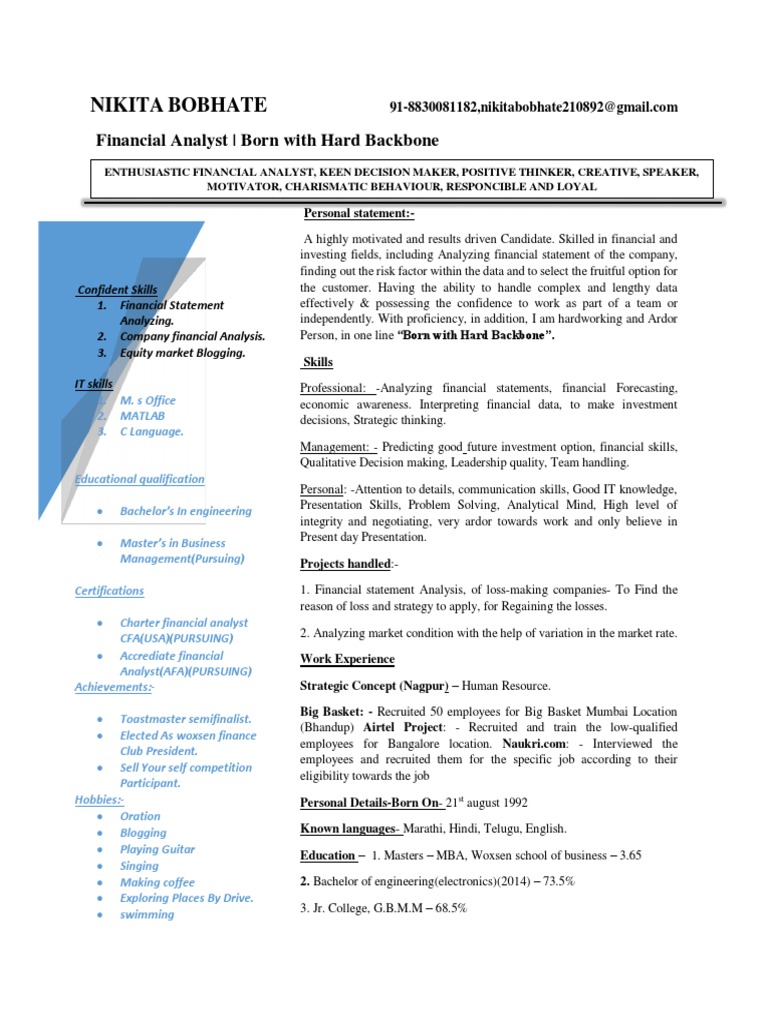 Nikita Jana Laxmi Bank Resume | PDF | Financial Analyst | Analysis