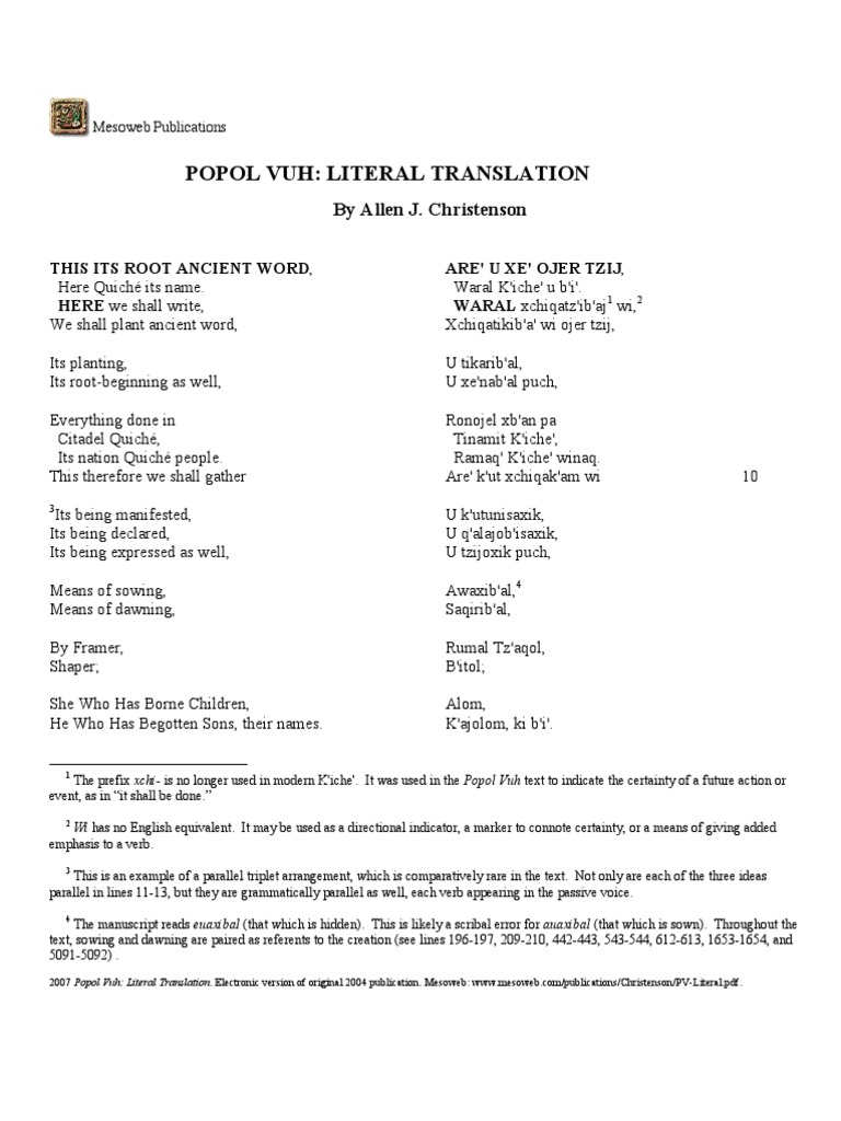 Popol Vuh Literal Translation | PDF