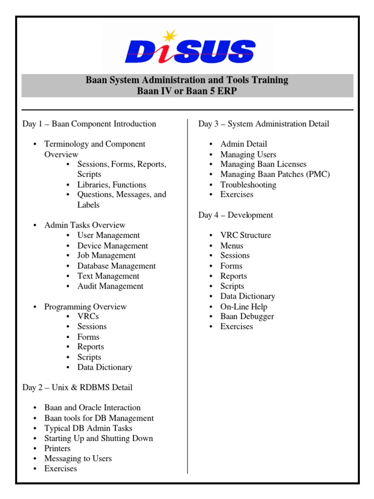 Baan System Administration and Tools Training Baan IV or Baan 5 ERP | PDF