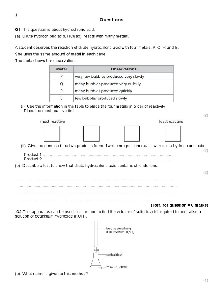 Acids and Bases and Reactivity Series Worksheet | Download Free PDF ...