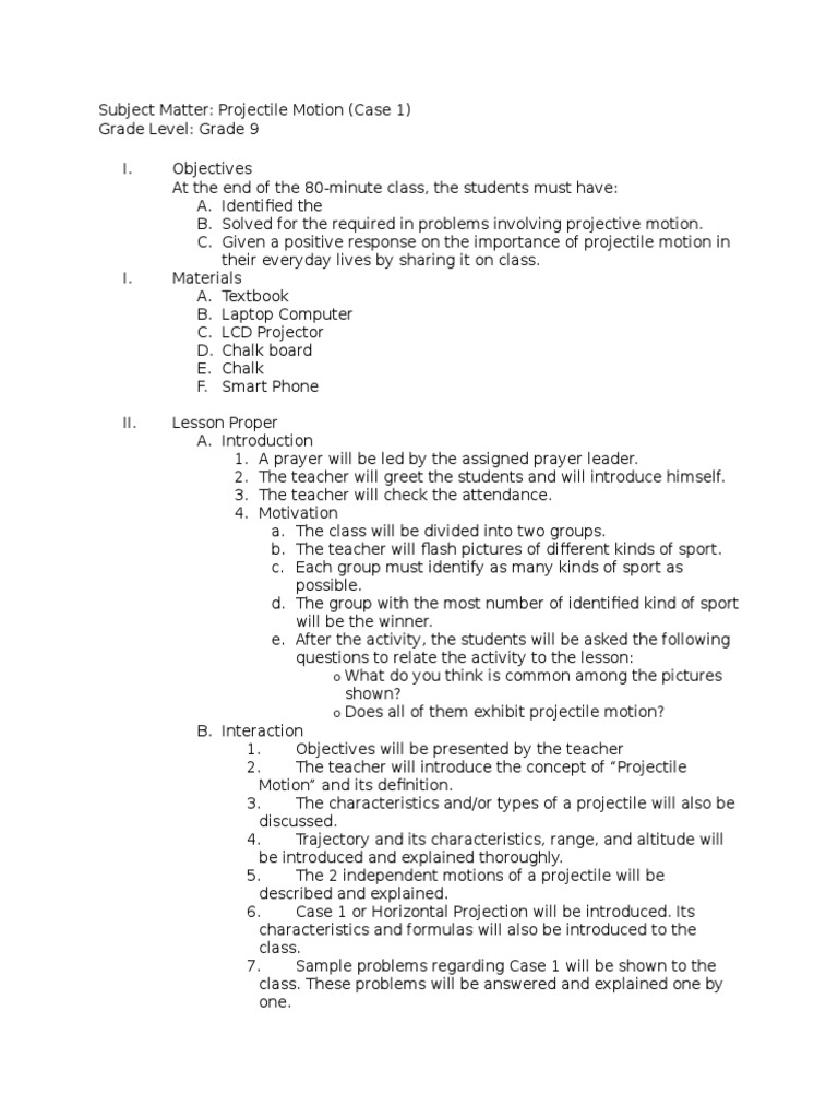 Grade 9 Projectile Motion Lesson | PDF | Lesson Plan | Mechanics