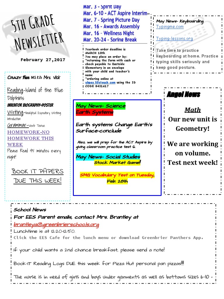 5th Grade Newsletter | PDF | Schools | Teachers