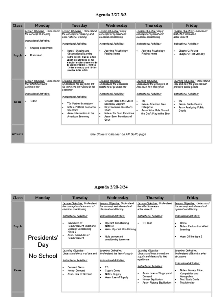 Agenda 2/27-3/3: Class Monday Tuesday Wednesday Thursday Friday | PDF ...