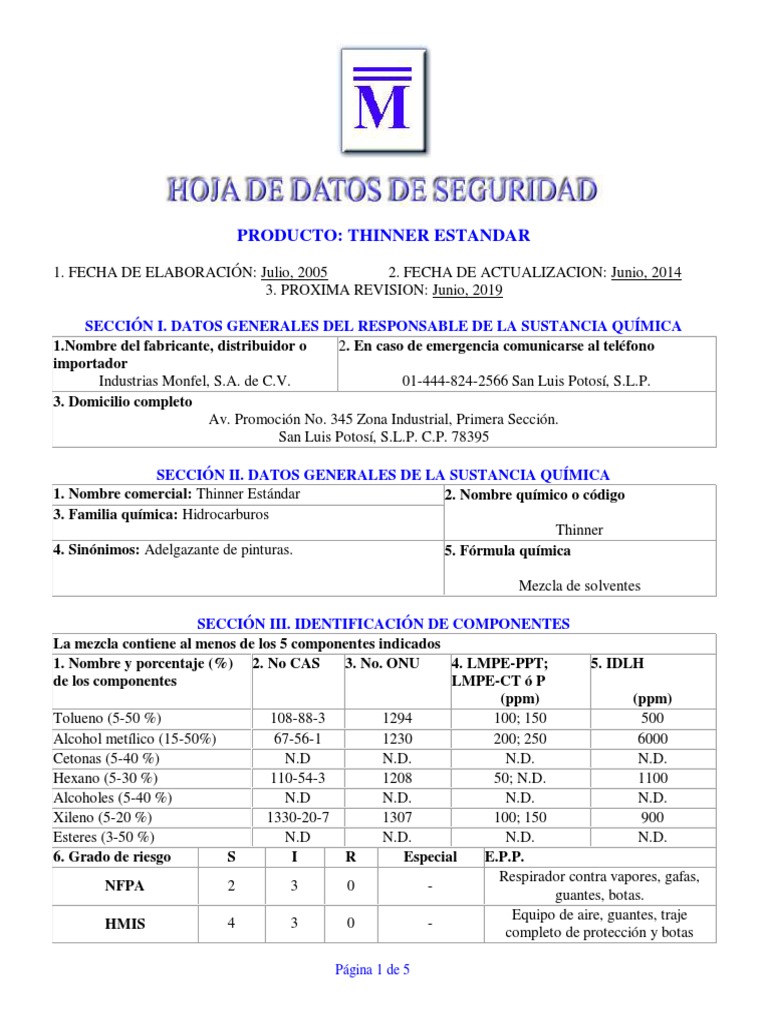 Thinner Estandar - Hds PDF | PDF | Oxígeno | Agua