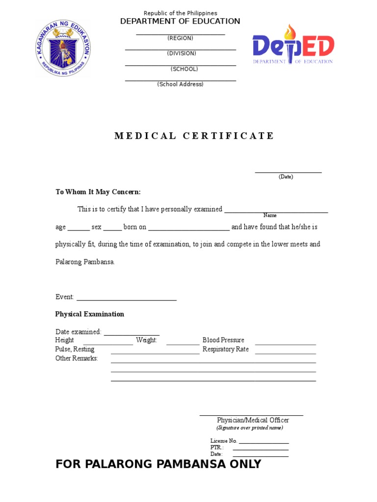 Medical Certificate: For Palarong Pambansa Only | PDF