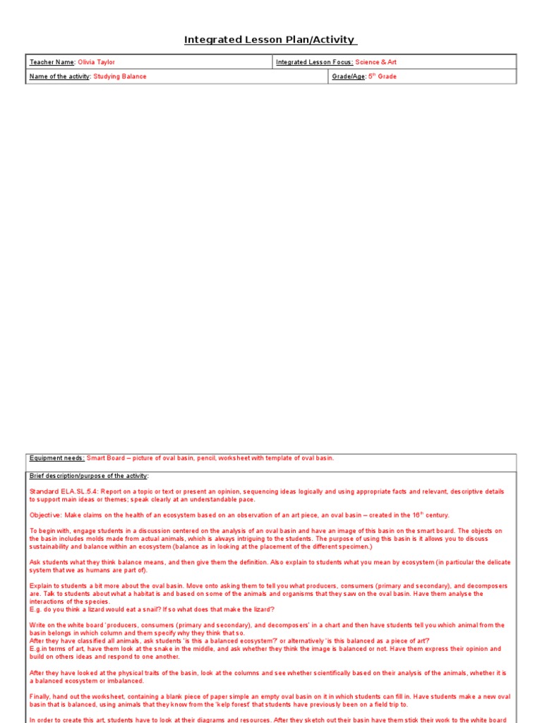 Ecosystem Balance Art Lesson Plan | PDF | Lesson Plan | Cognition