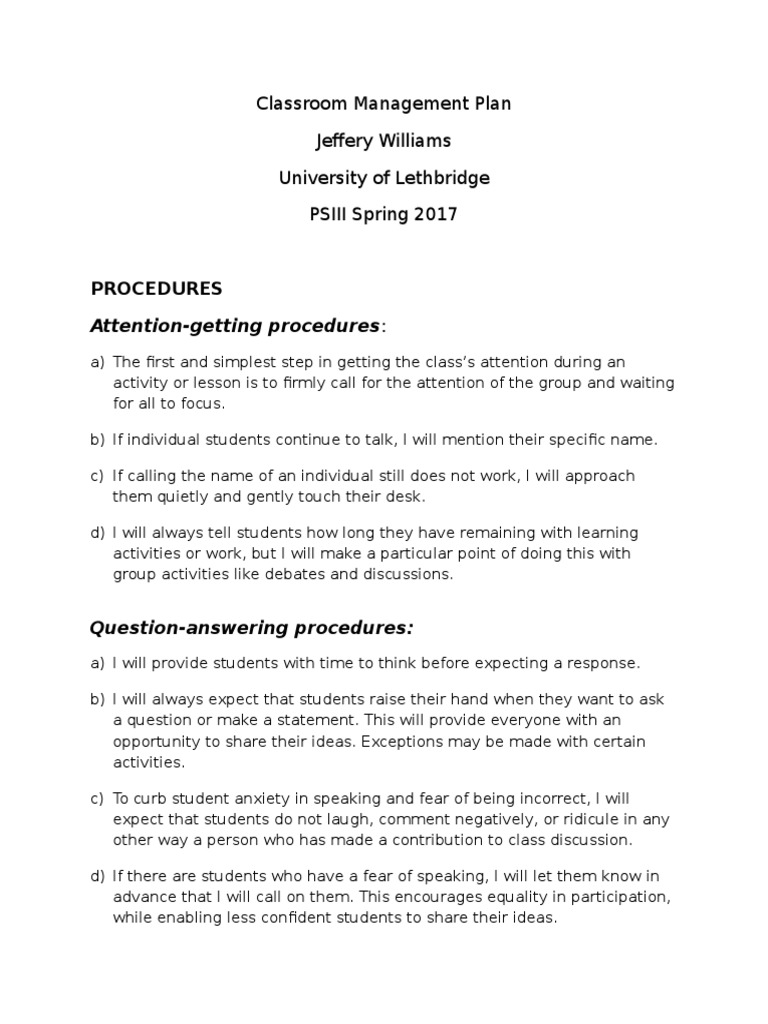 Classroom Management Plan | PDF | Homework | Classroom Management