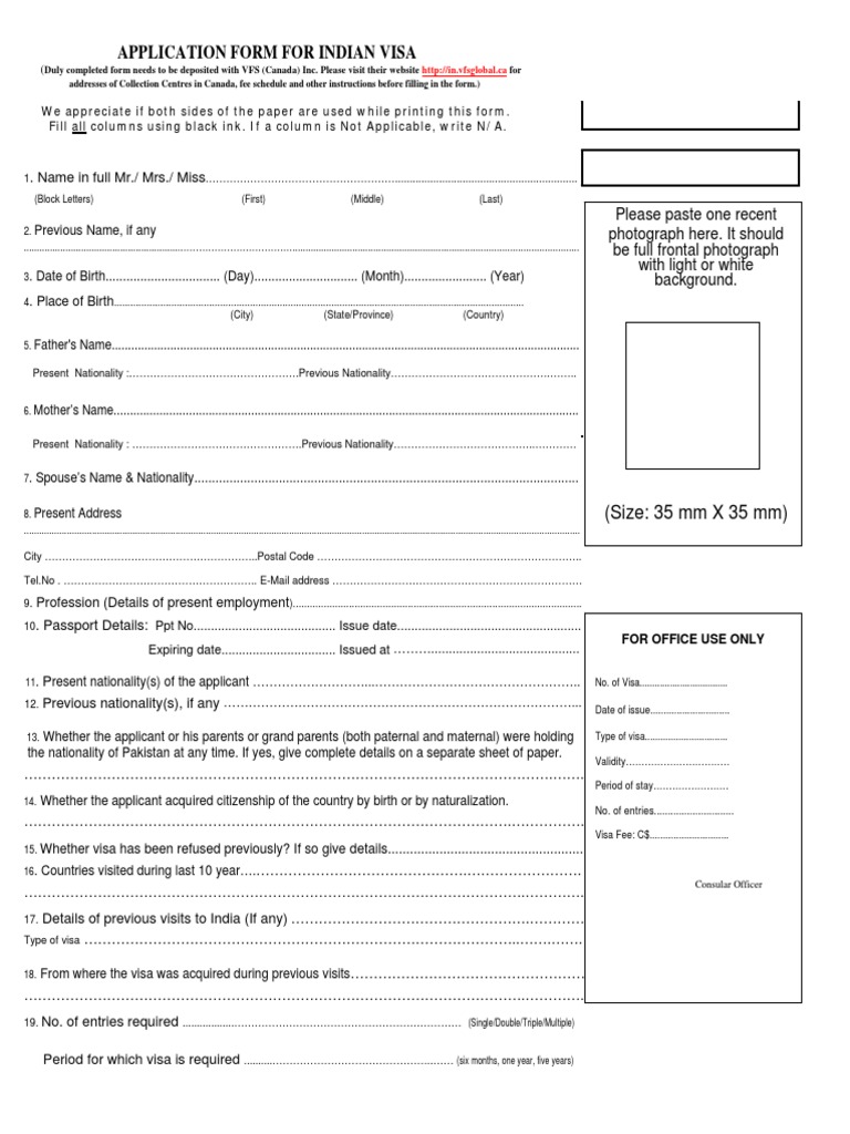 APPLICATION FORM FOR INDIAN VISA | PDF | Travel Visa | Passport
