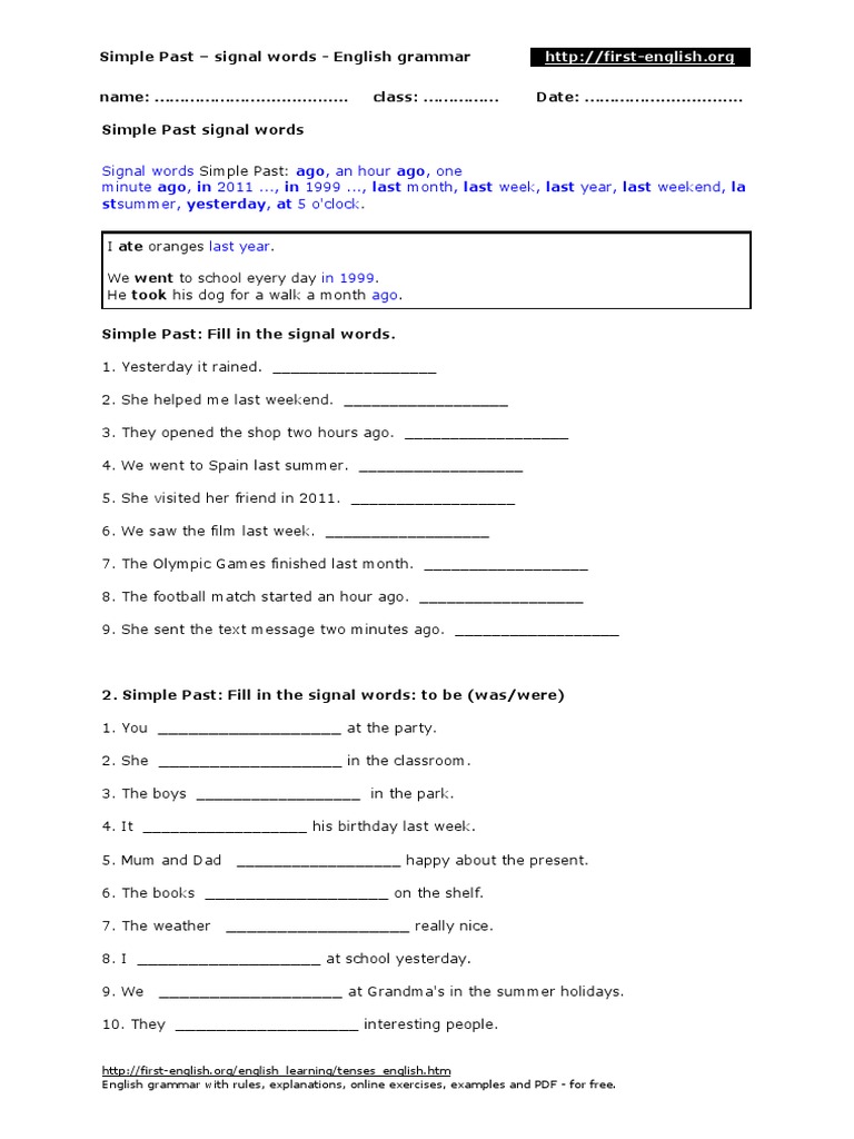 Simple Past 42 Signal Words Worksheet | PDF