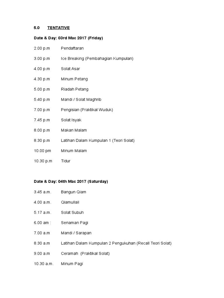 Kem Bestari Solat (Tentative Programme) | PDF
