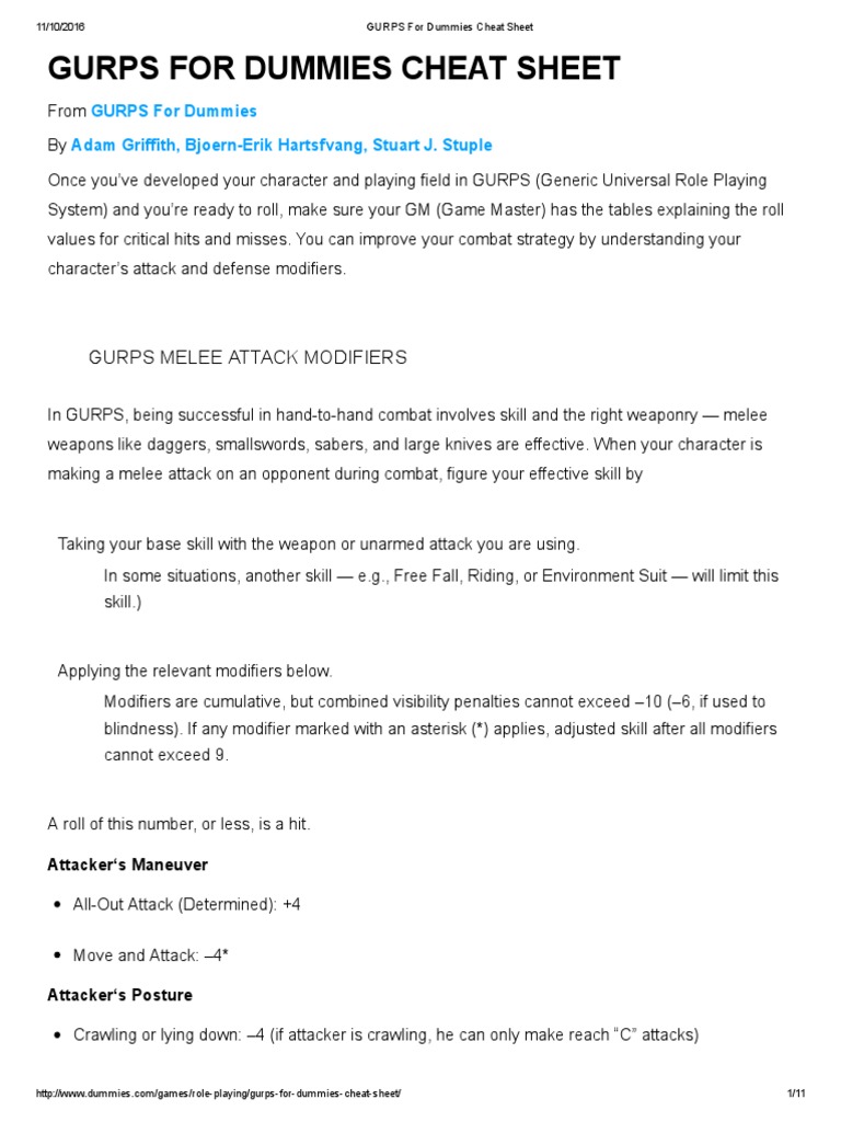 GURPS for Dummies Cheat Sheet | Weaponry | Leisure