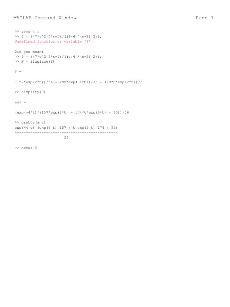 MATLAB Command Window: Undefined Function or Variable 'S' | PDF