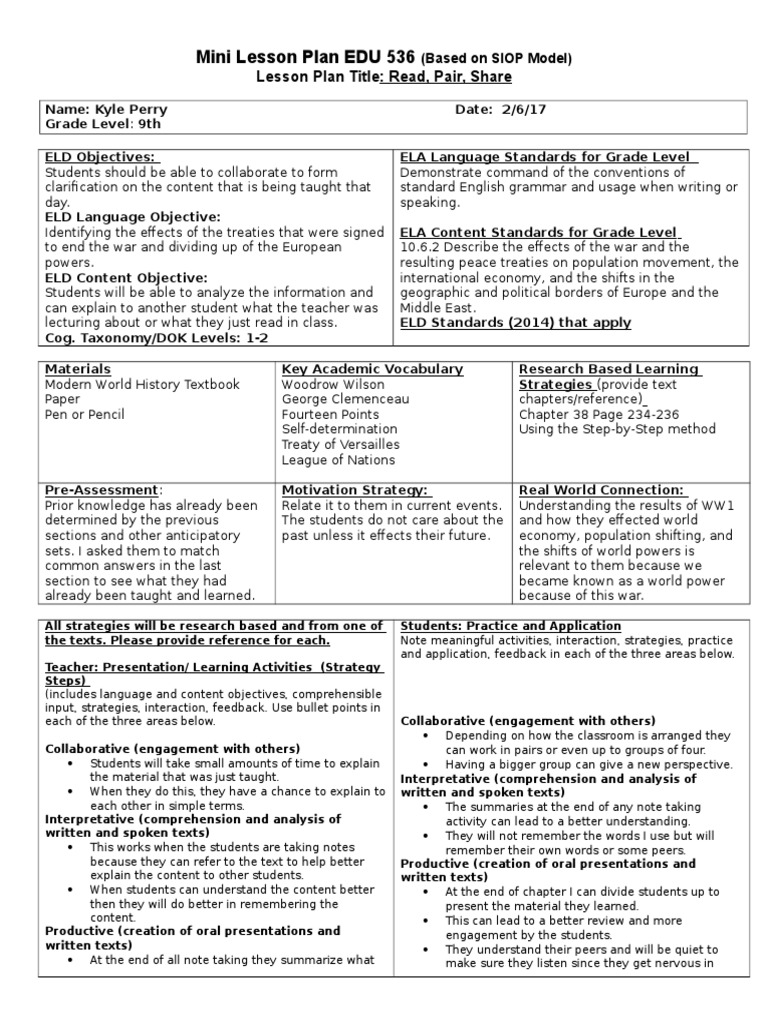 Mini Lesson Plan Form Edu 536 | PDF | Reading Comprehension | Pedagogy
