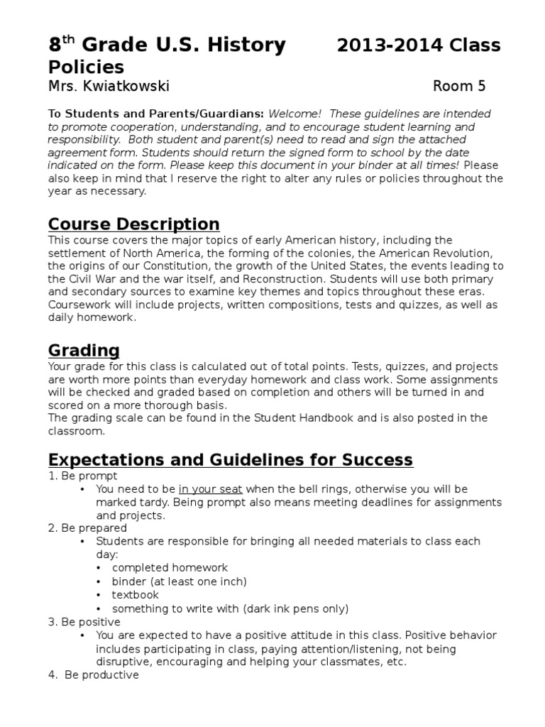 Us History 8 Policies | PDF | Homework | Test (Assessment)