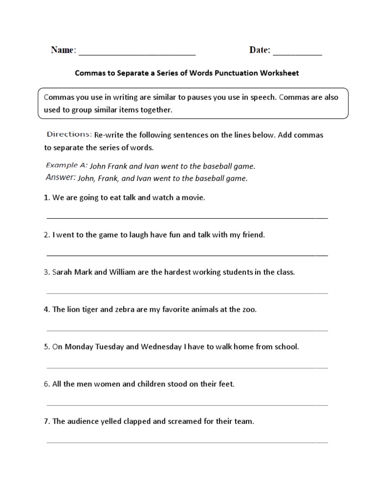 Comma Usage in Series Worksheet | PDF