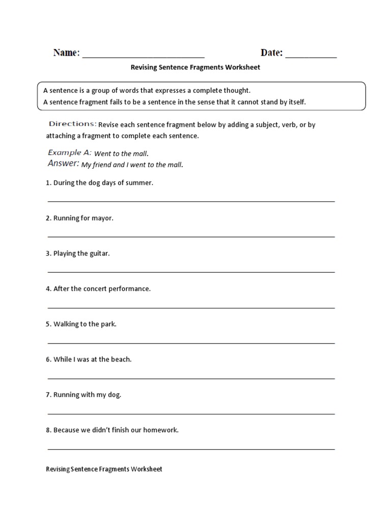 Revising Sentence Fragments Worksheet | PDF