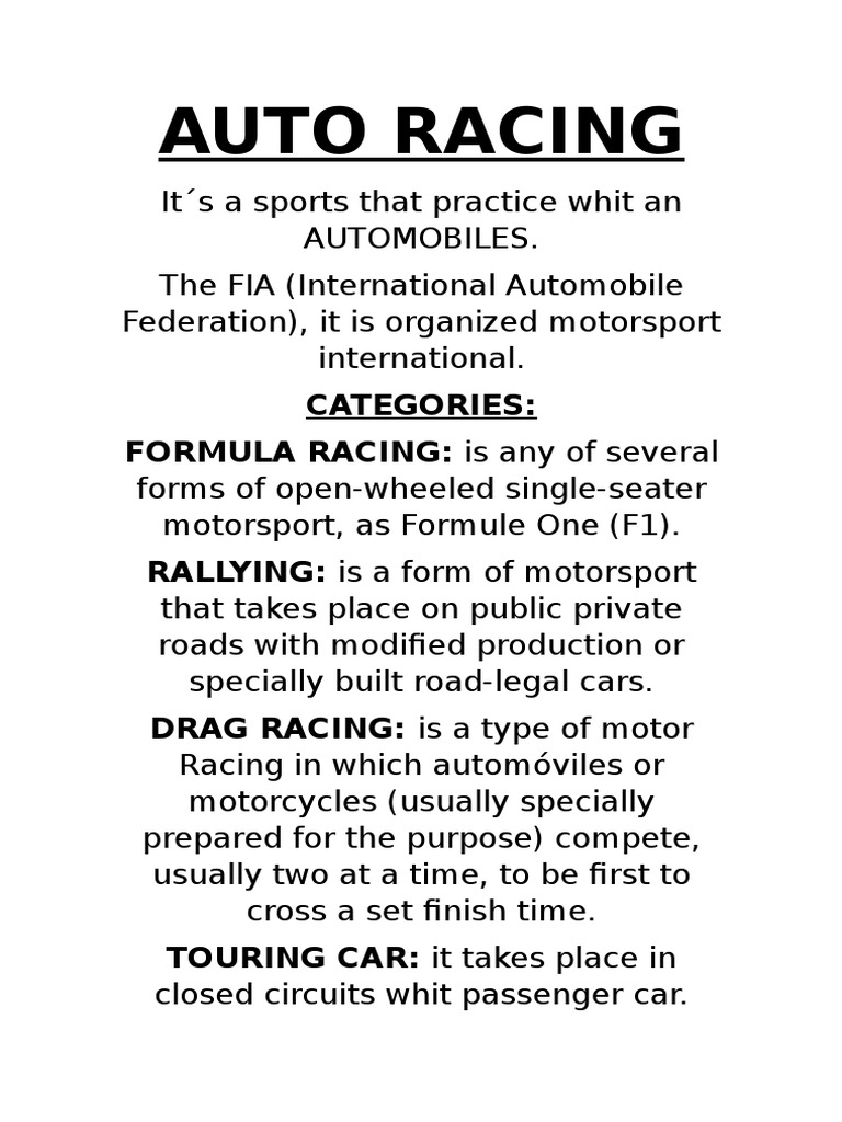 Auto Racing: Categories: FORMULA RACING: Is Any of Several | PDF