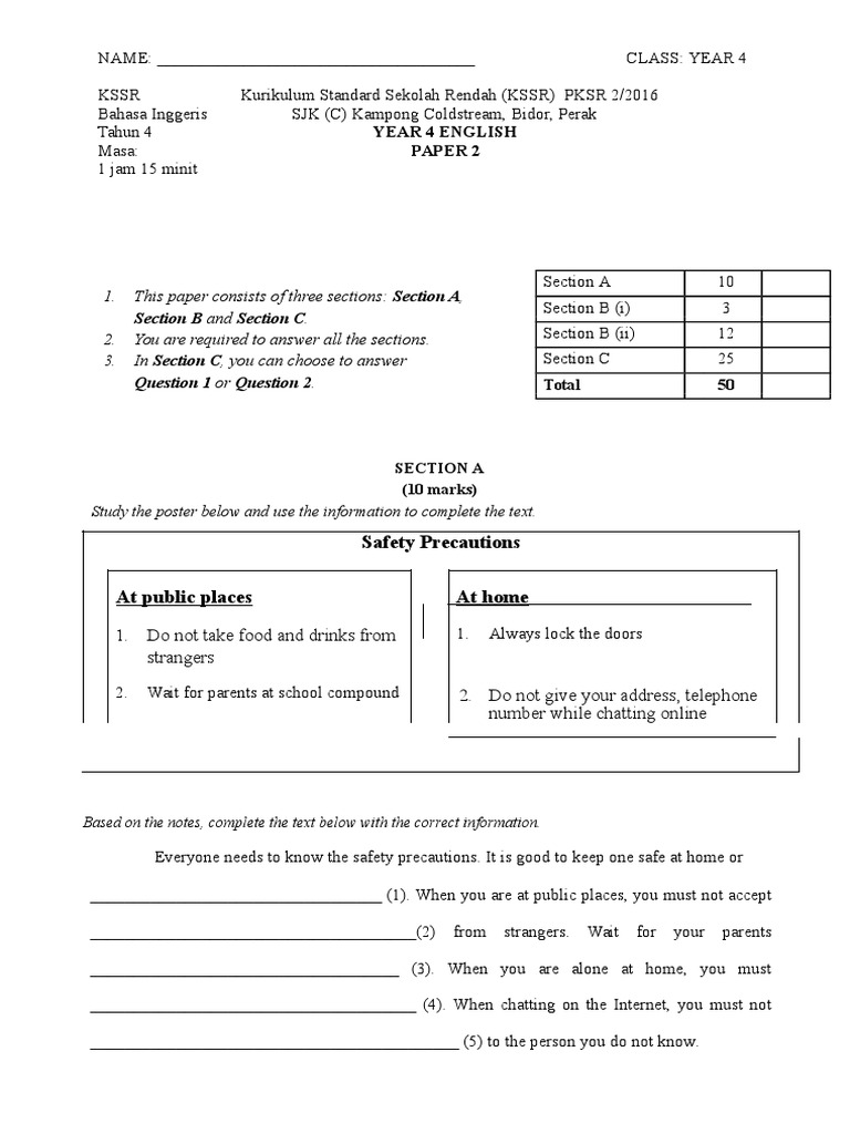 Year 4 English Exam Paper Focuses on Safety Precautions, Art Club ...