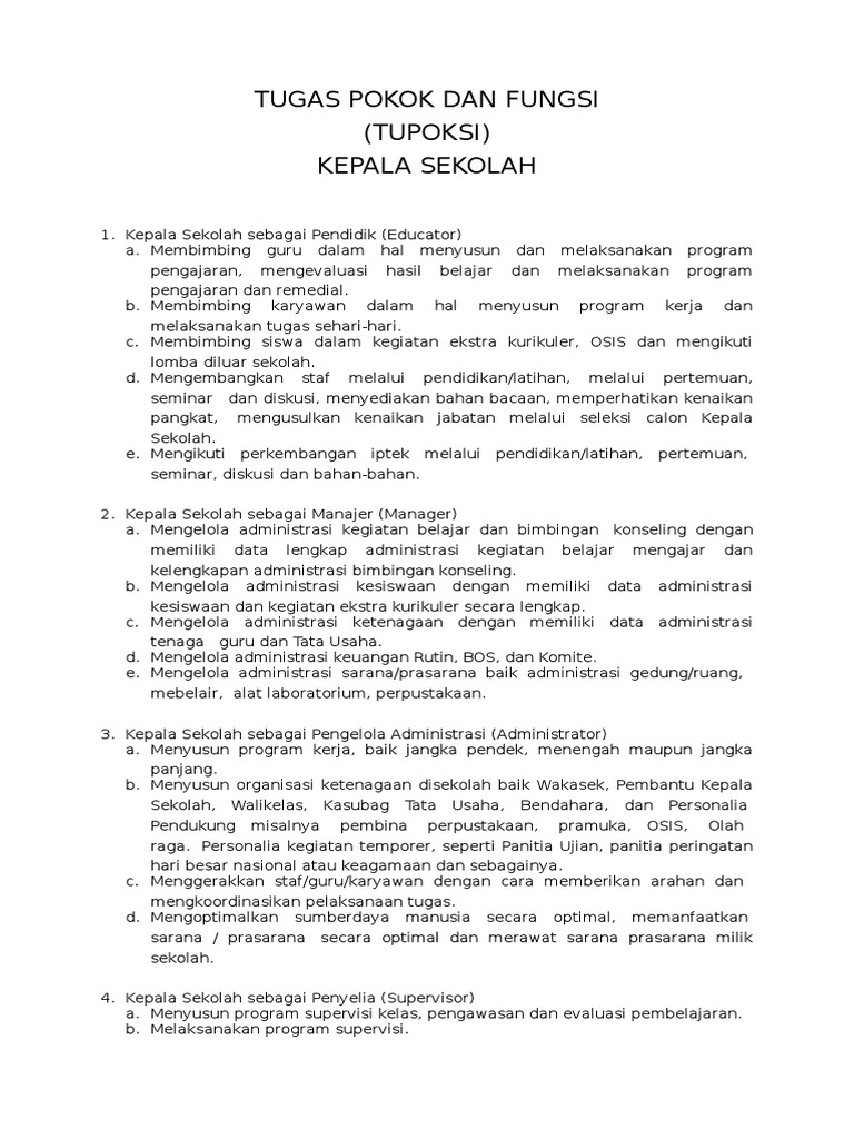 Tugas Pokok Dan Fungsi Tupoksi Kepala Sekolah | PDF
