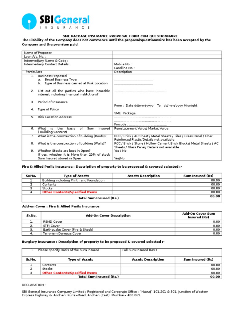 SME Package Insurance Proposal Form | PDF | Insurance | Financial Services
