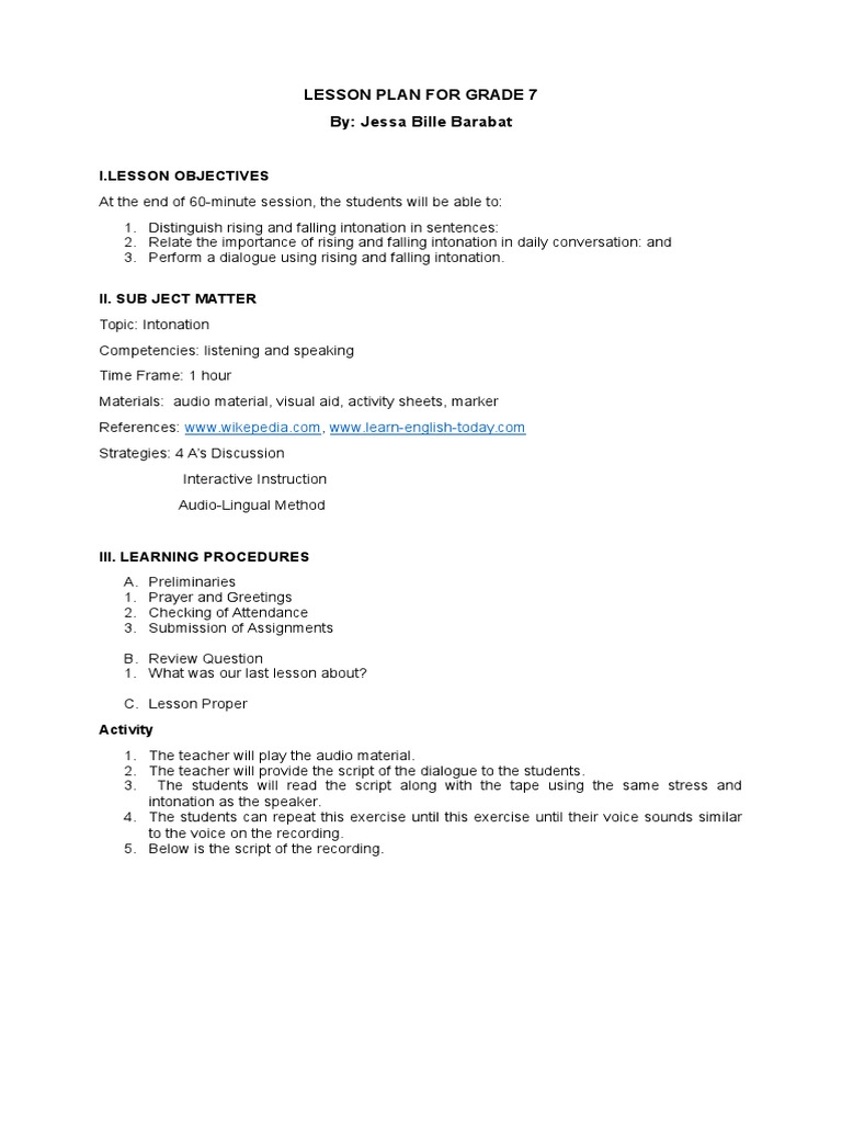 Barabat Lesson Plan in Audio-Lingual Method | PDF | Oral Communication ...