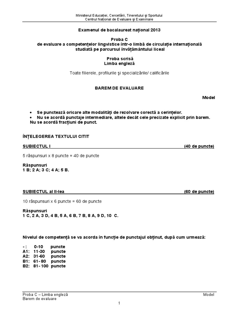 Modele de Subiecte Bacalaureat 2013 Proba C Scrisa Competente Lingvistice Limba Engleza Barem ...