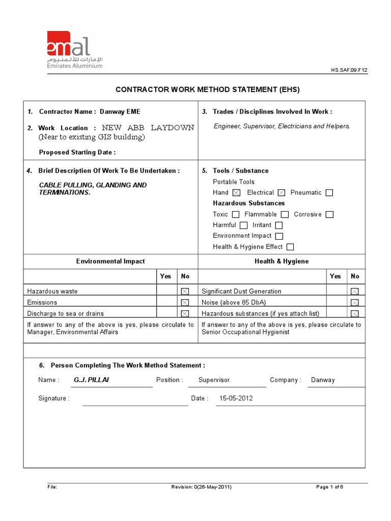 Danway EME Work Method Statement | PDF | Occupational Safety And Health ...