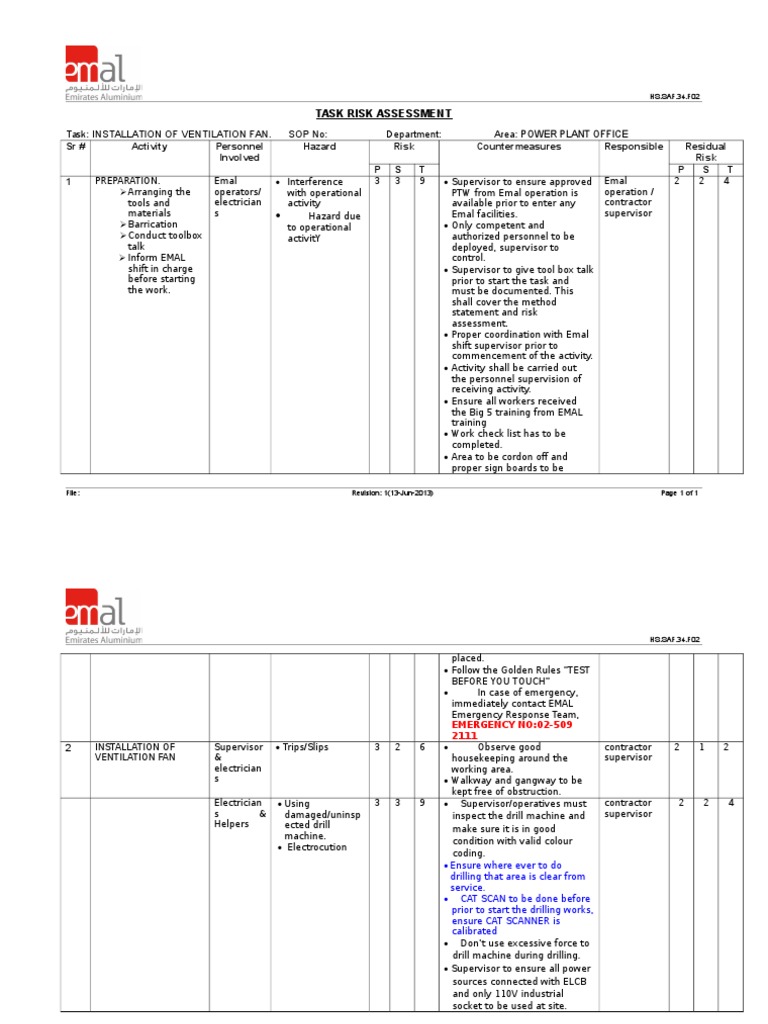 Risk Assessment - Installation of Ventilation Fan | Download Free PDF ...