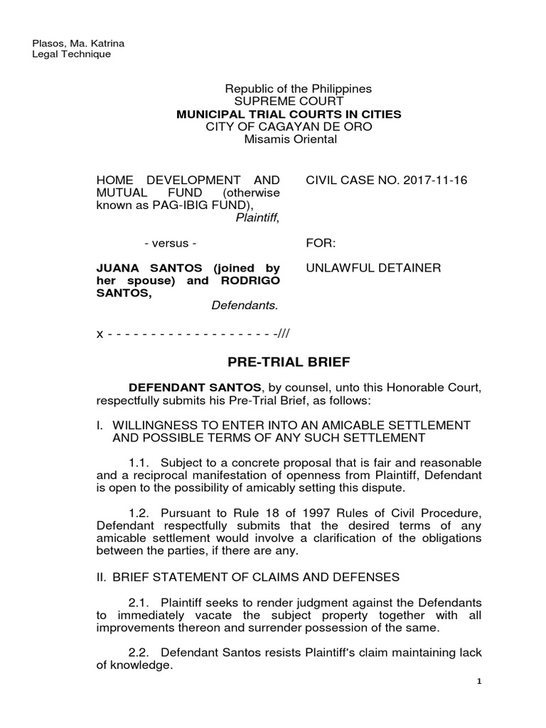 Pre-Trial Brief Submitted by Defendant Santos in an Unlawful Detainer ...