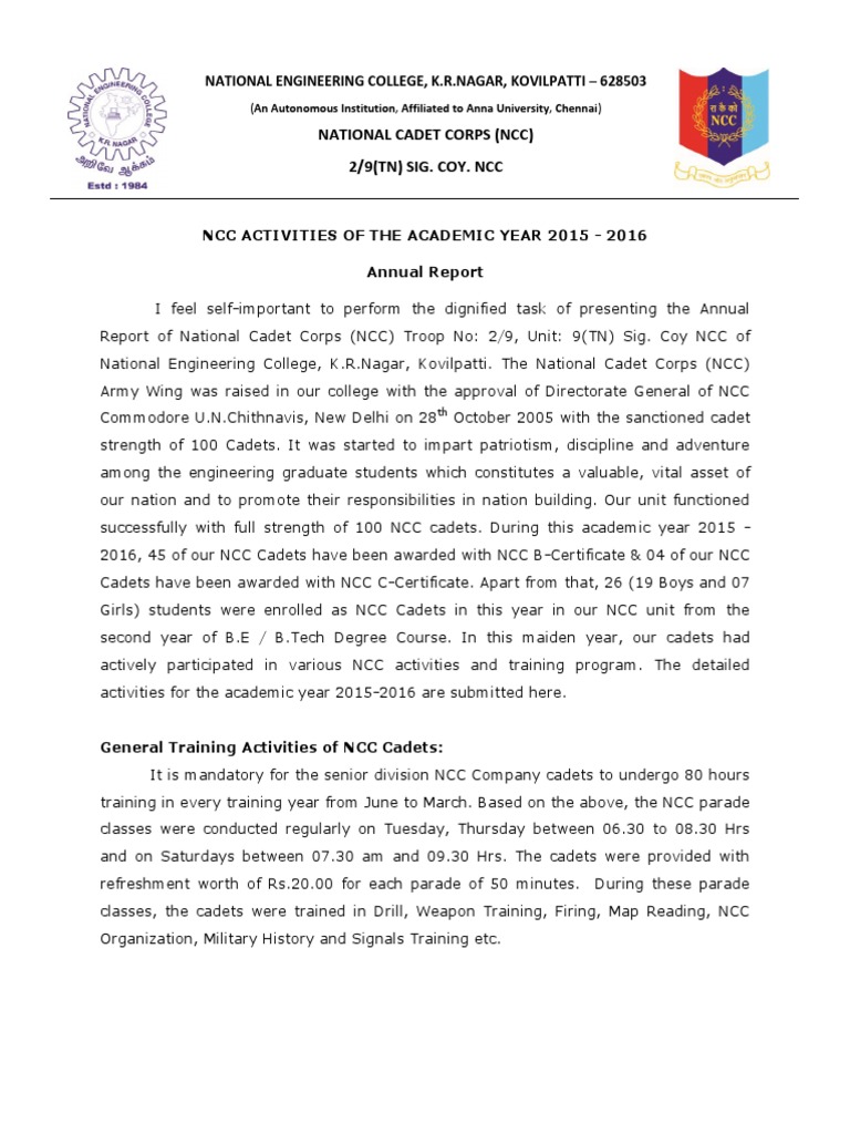 NCC Activities Annual Report 2015-2016 | PDF | Cadet | Military Sociology