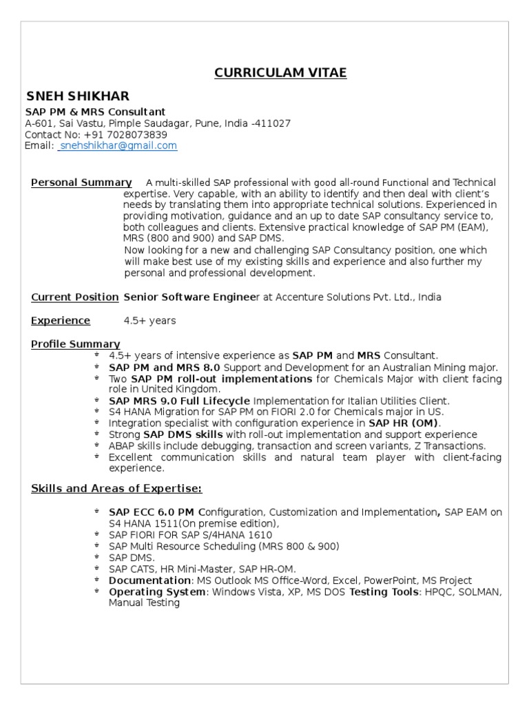 CV - Sneh Shikhar - Sap PM & Mrs | PDF | Computing | Software