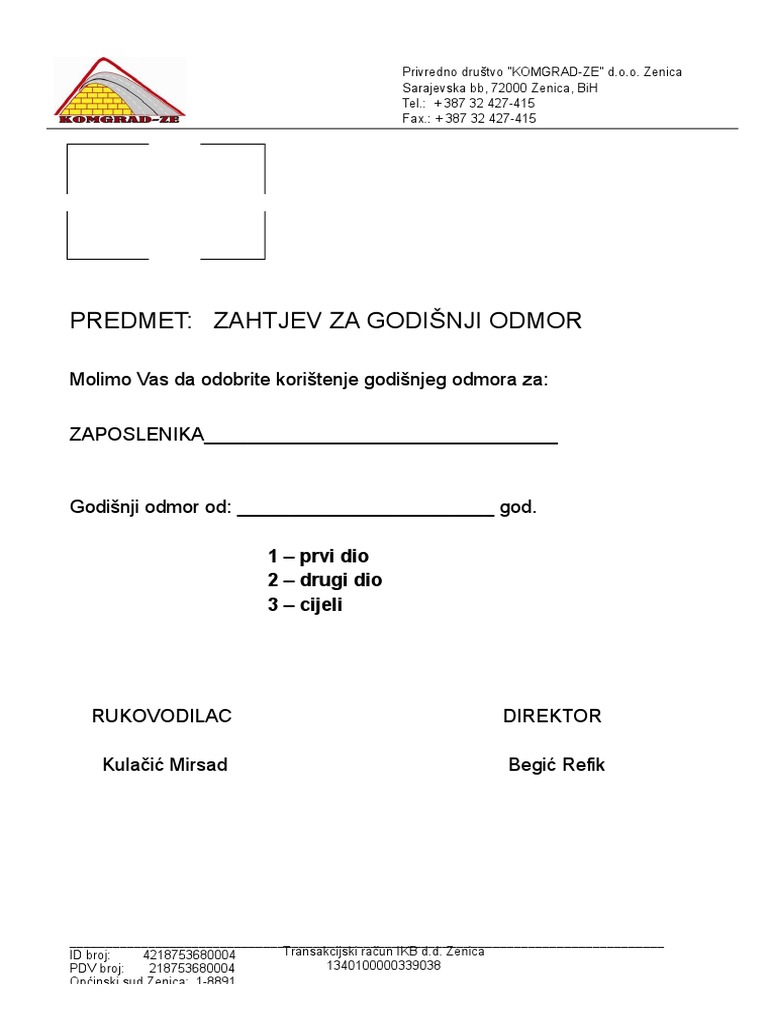 Zahtjev Za Godisnji Odmor | PDF