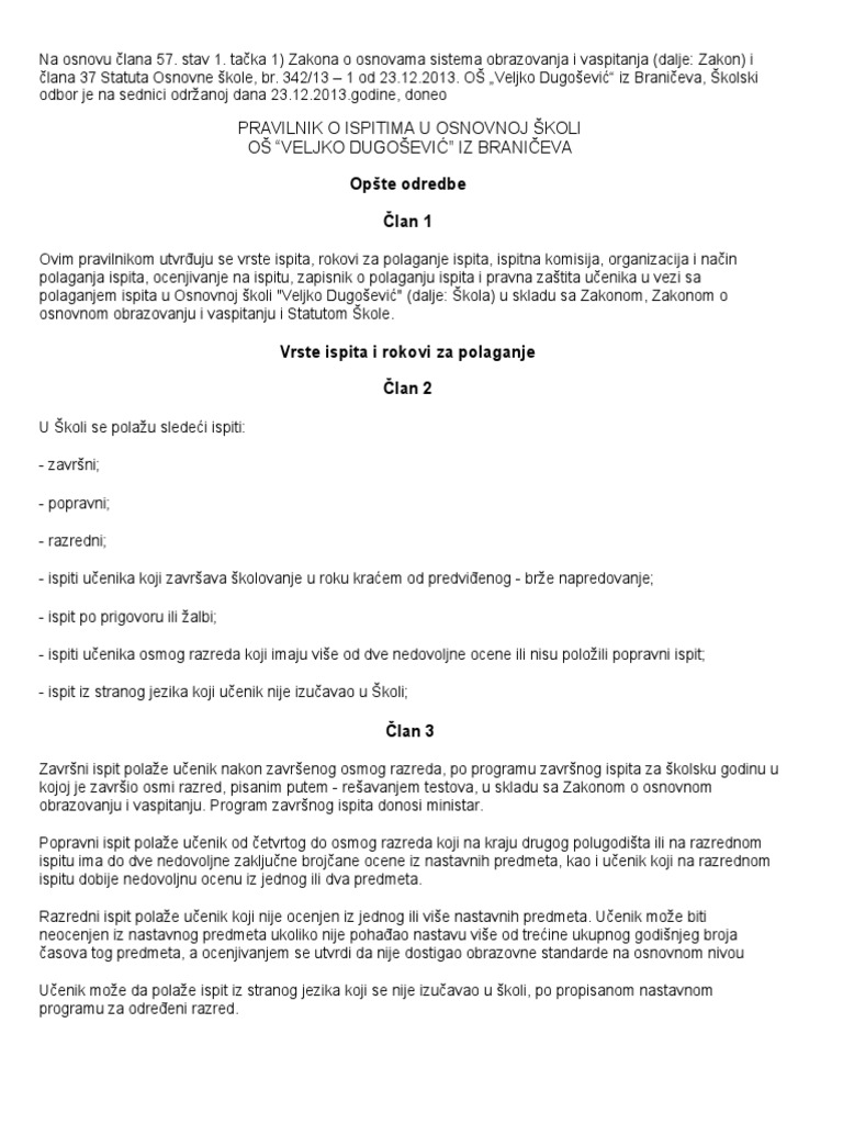 Pravilnik o Ispitima U Osnovnoj Skoli | PDF