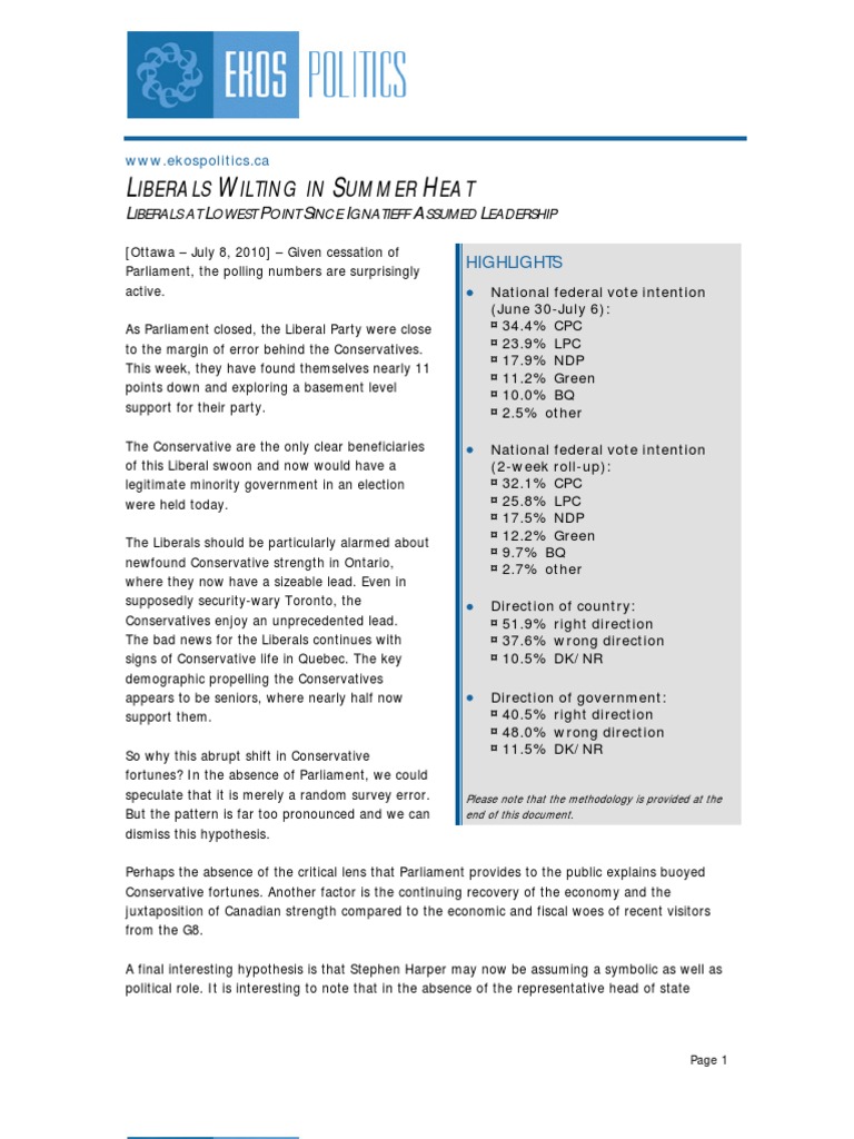 EKOS Poll - July 8, 2010 | PDF | Politics Of Canada | Sampling (Statistics)