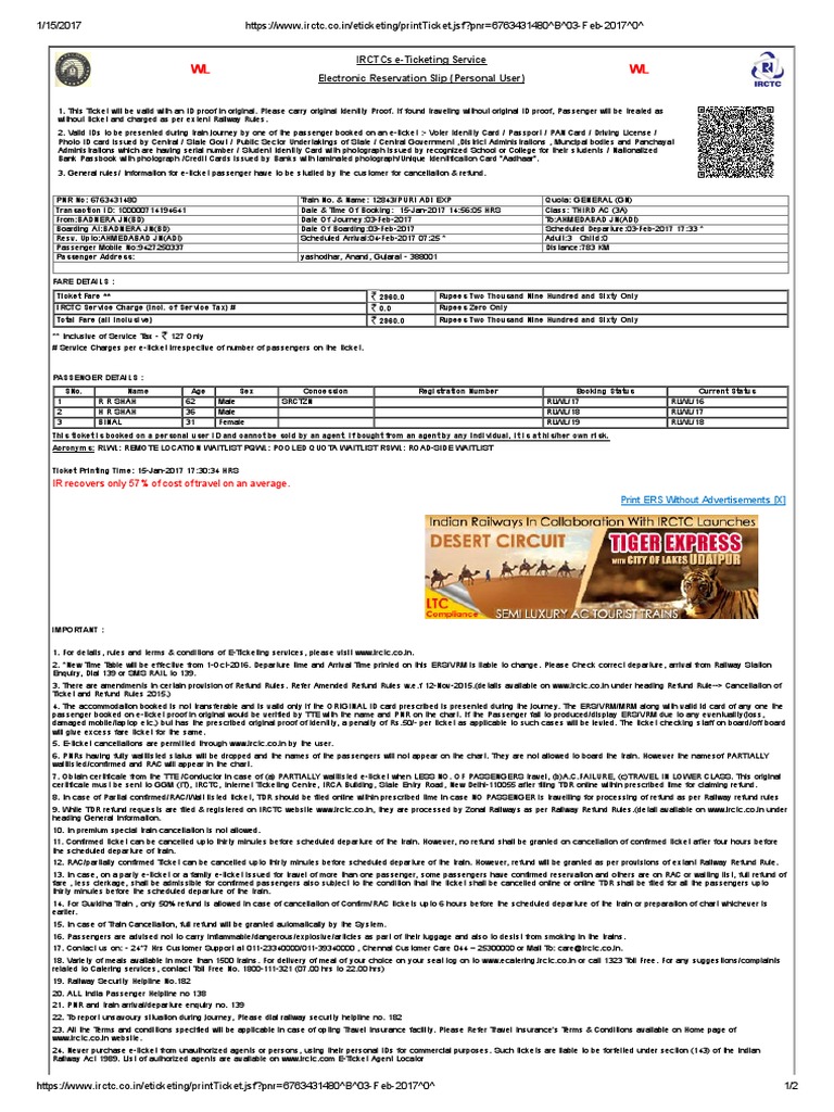 Electronic Reservation Slip for Train Number 12843, Puri Adi Express ...