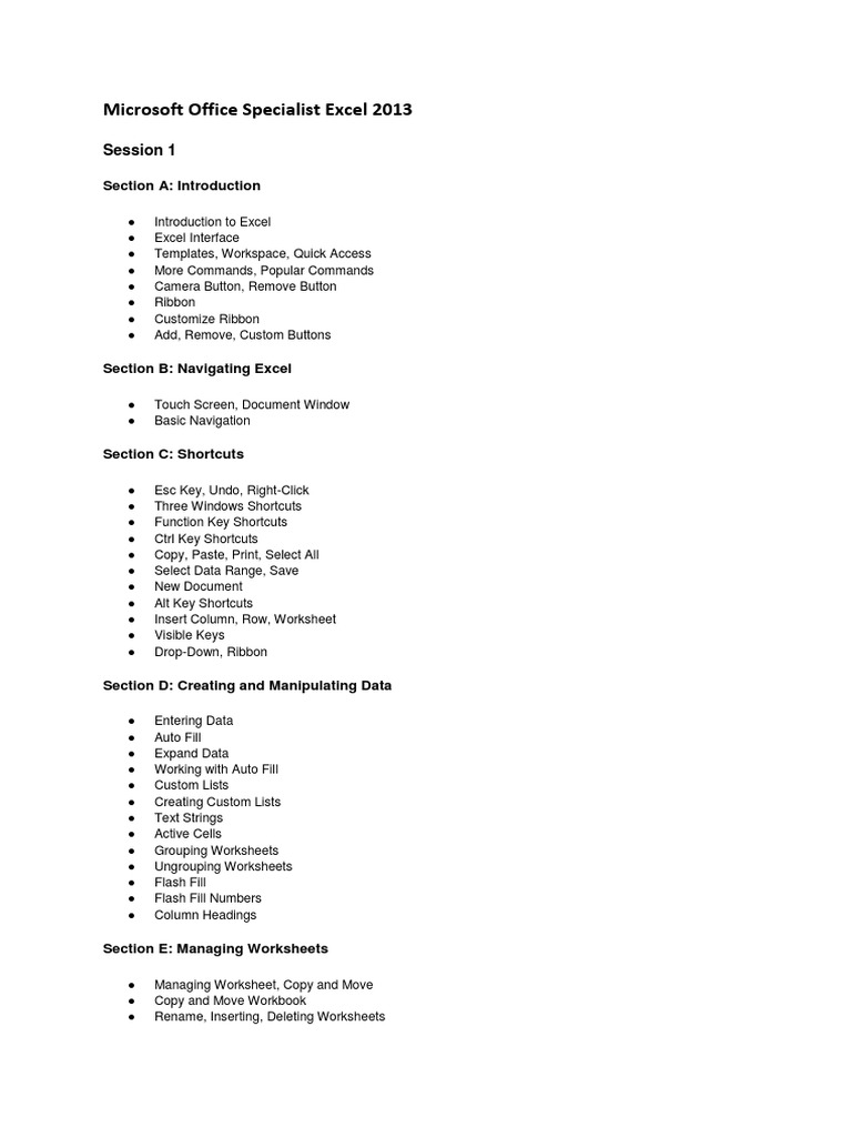 MOS Excel 2013 Training Outline | PDF | Microsoft Excel | Keyboard Shortcut