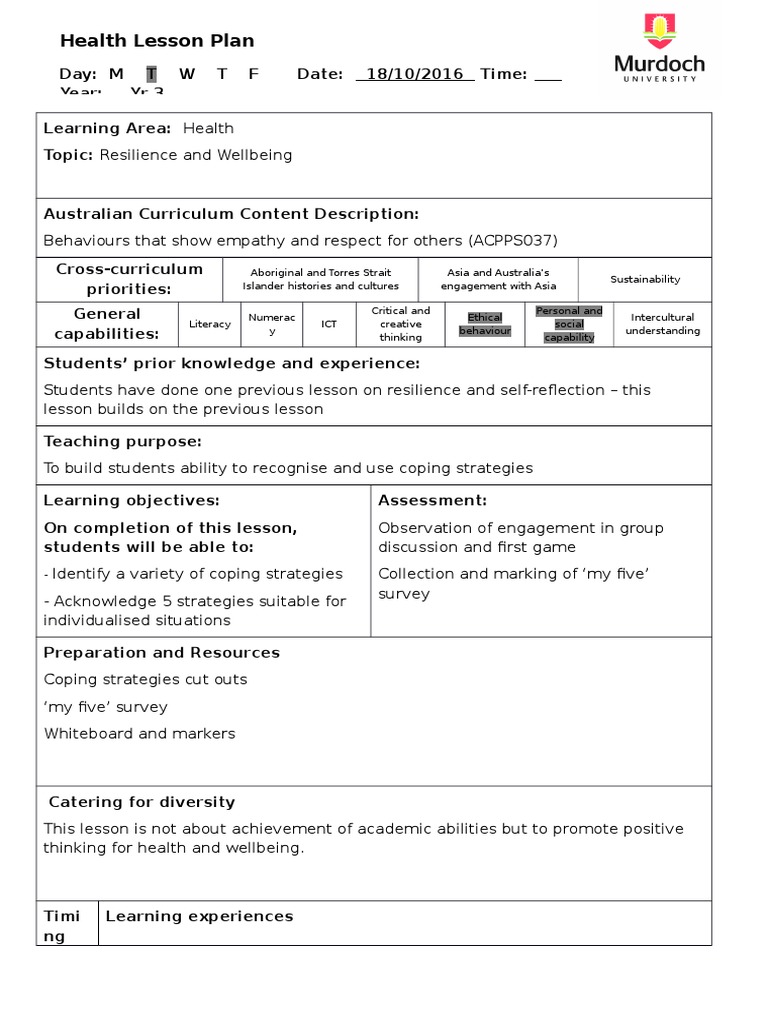 Health Lesson 2 | PDF | Psychological Resilience | Lesson Plan