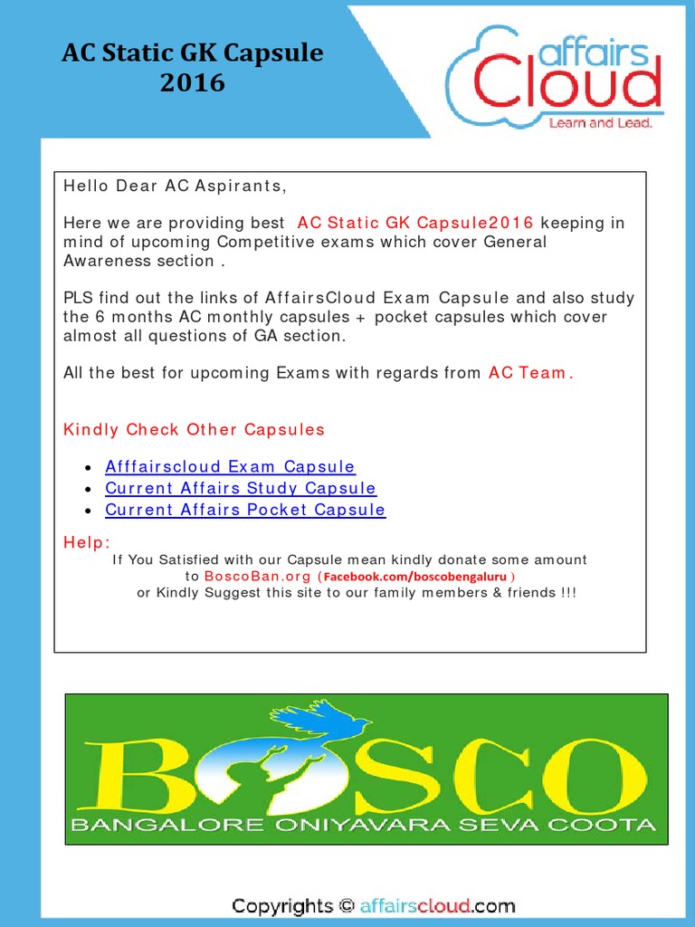 2016 Static GK Capsule by AffairsCloud - V2 PDF | PDF | United Nations ...