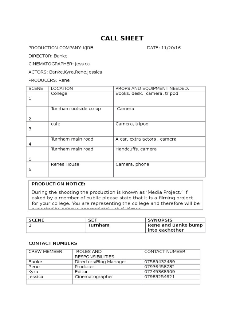College Film Shoot Call Sheet | PDF
