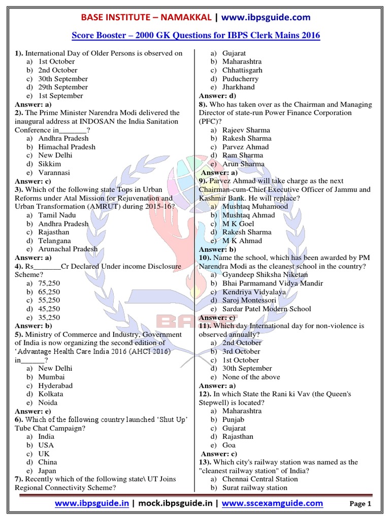 2000 MCQ Ibps Clerk Mains | PDF | Sri Lanka | Delhi