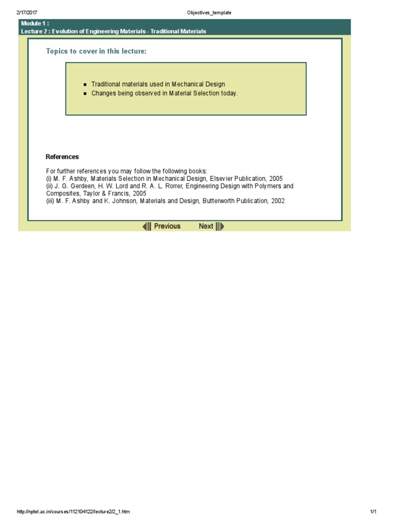 Topics To Cover in This Lecture:: Module 1: Lecture 2: Evolution of Engineering Materials ...