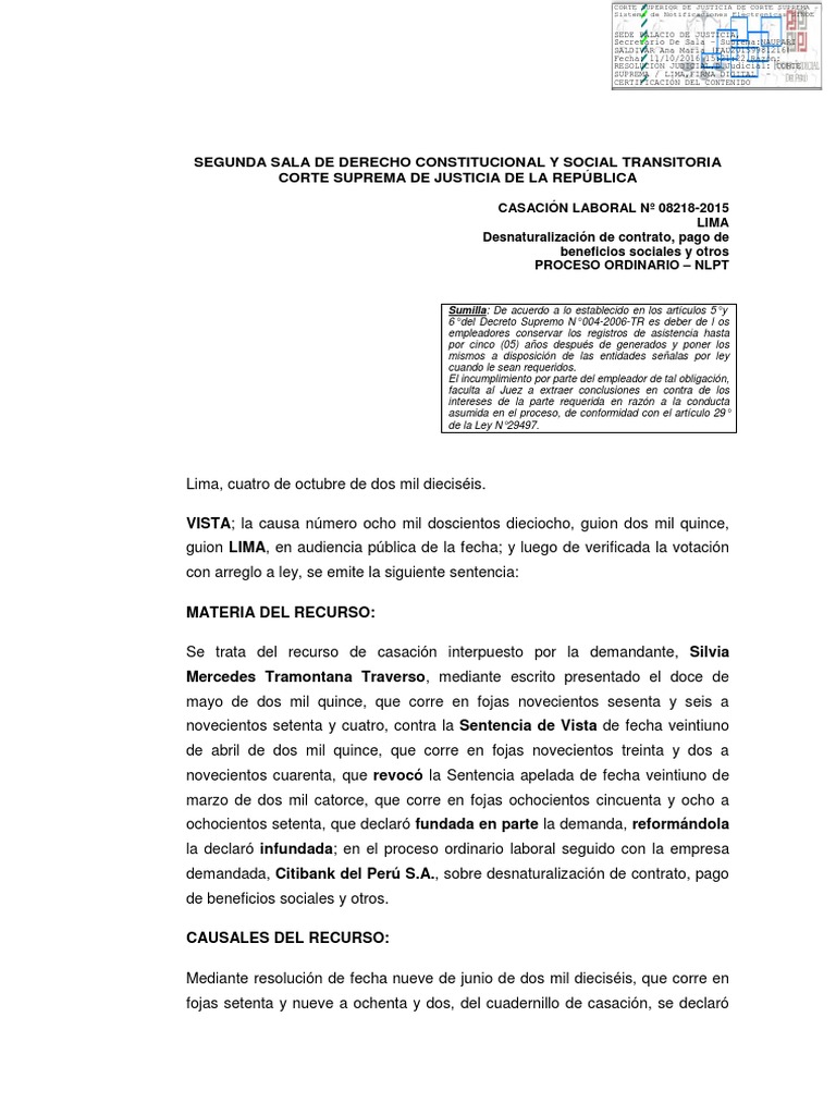 Casación Laboral N° 08218-2015, Lima | Derecho laboral | Evidencia (ley) Casación Laboral N° 08218-2015, Lima | Derecho laboral | Evidencia (ley)