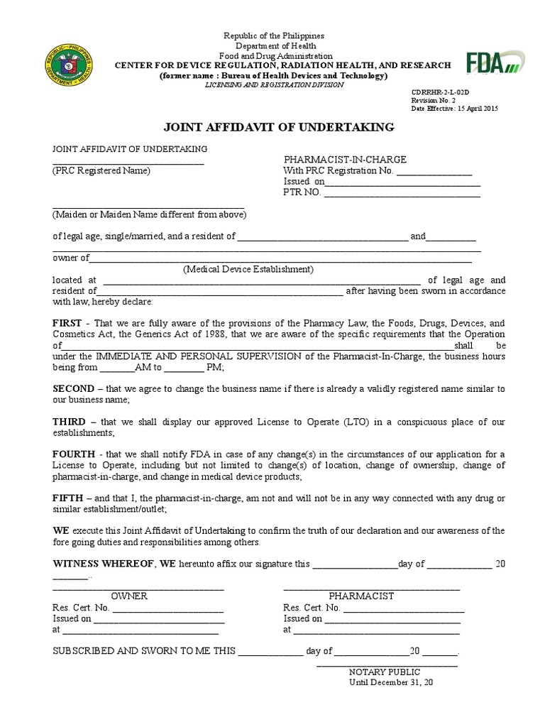 Joint Affidavit of Undertaking Template | PDF | Food And Drug ...
