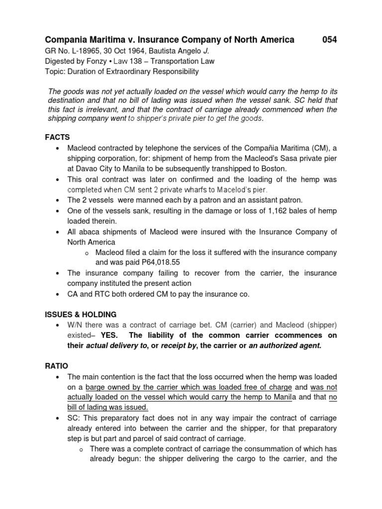 054 Compania Maritima v. Insurance Company of North America | PDF ...