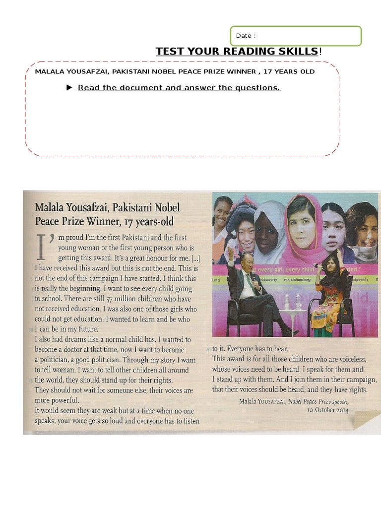 Test Your Reading Skills Malala's Speech | PDF | Grammar | Morphology