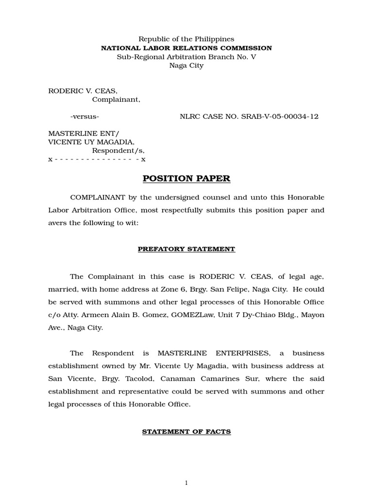 NLRC Position Paper Ceas | PDF | Overtime | Salary