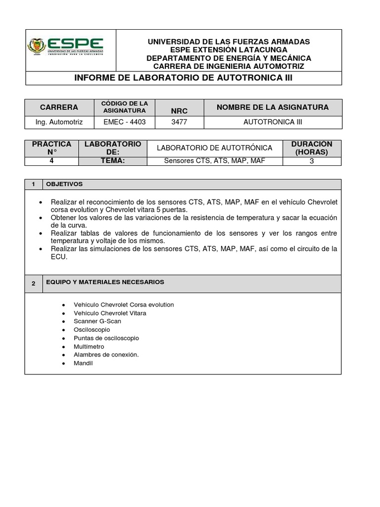 Informe Sensores ECT, MAP - MAF, ATS PDF | PDF | Resistencia Eléctrica y Conductancia | Sensor