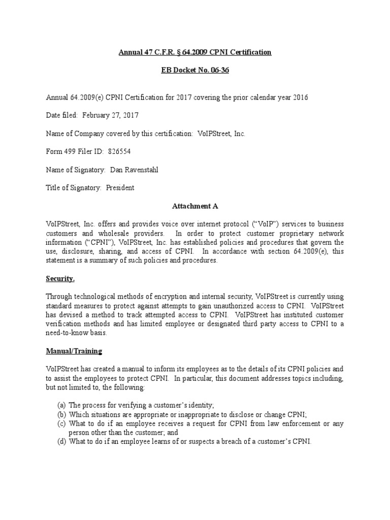VoIPStreet CPNI Compliance Summary | PDF | Authentication | Computer ...