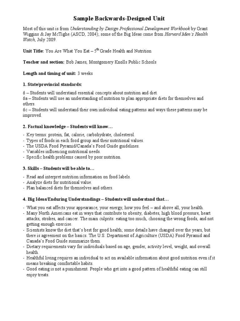 Sample Backwards Design Unit - Kim Marshall | PDF | Nutrition | Diet ...